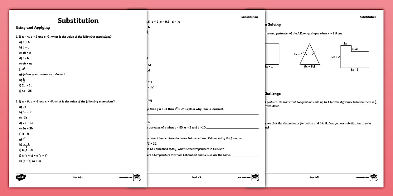 Substitution in Algebra Worksheet for 3rd-5th Grade - Twinkl
