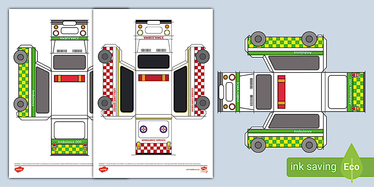 Black and White 3D Ambulance Paper Model Activity - Twinkl