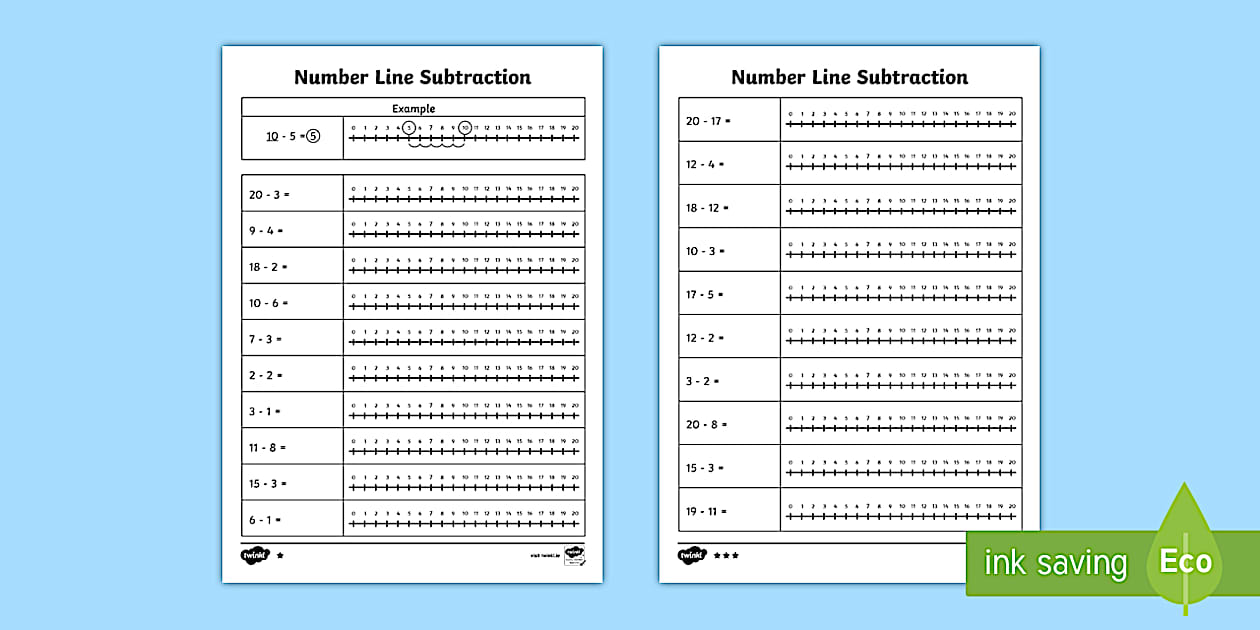Subtraction from 20 Number Line Worksheet - Twinkl