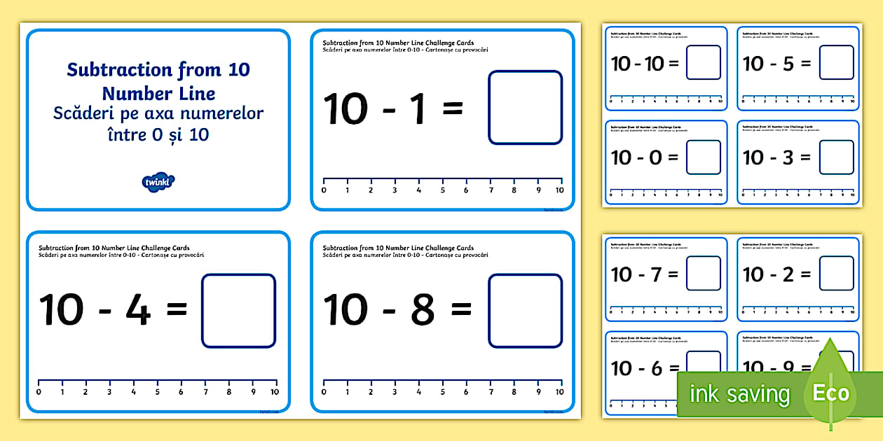 Subtraction from 10 Number Line Challenge Cards English/Romanian