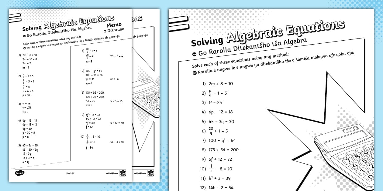 Solving Algebraic Equations Activity Sheet - Sepedi - Twinkl