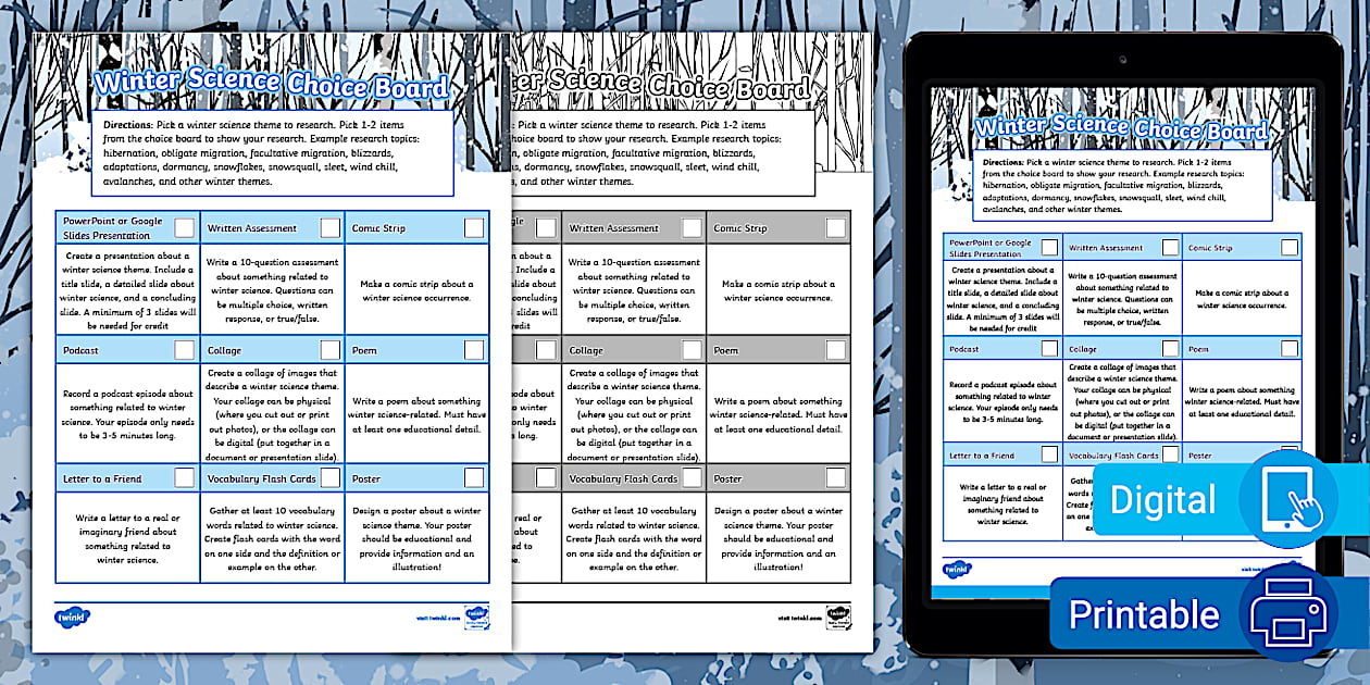 Winter Science Choice Board for 6th-8th Grade (teacher made)