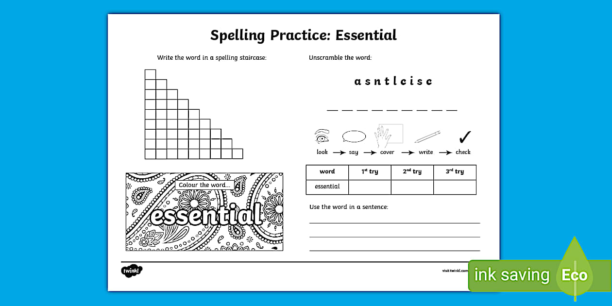 Essential Spelling Practice Worksheet - Twinkl