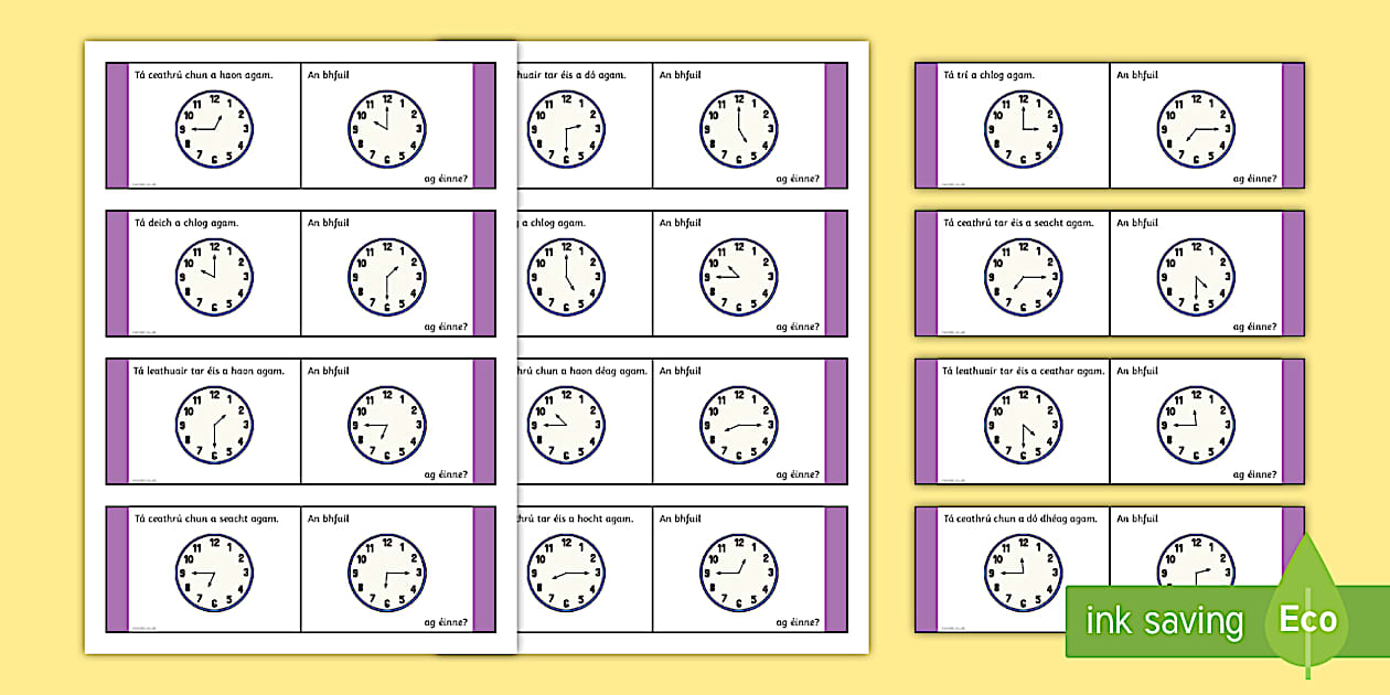 Editable Time, Mixed Loop Cards Gaeilge - Twinkl