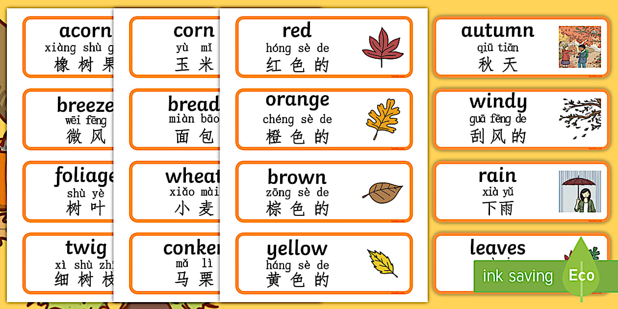 Autumn Topic Word Cards English/Mandarin Chinese/Pinyin - Autumn Topic Word