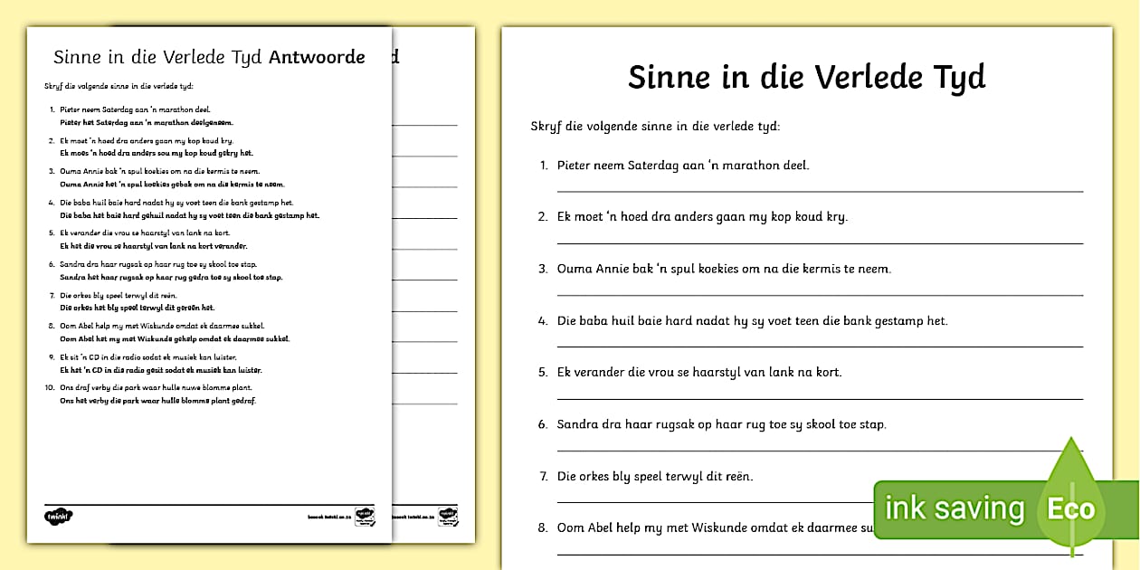 Skryf Verlede Tyd Sinne in Afrikaans Aktiwiteit