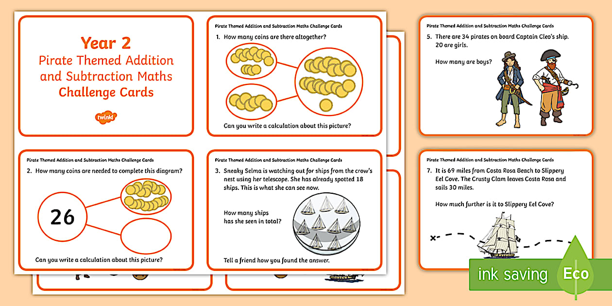 Year 2 Pirate Themed Addition and Subtraction Maths Challenge Cards