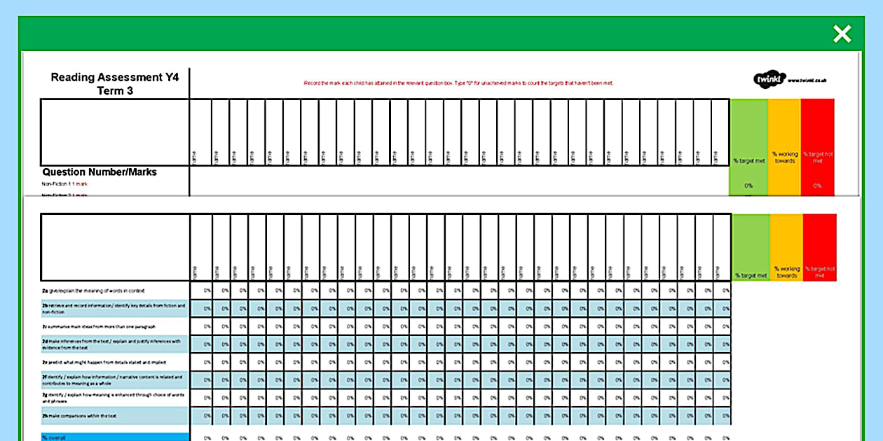 Year 4 Reading Assessment: Spreadsheet Term 3 - Twinkl