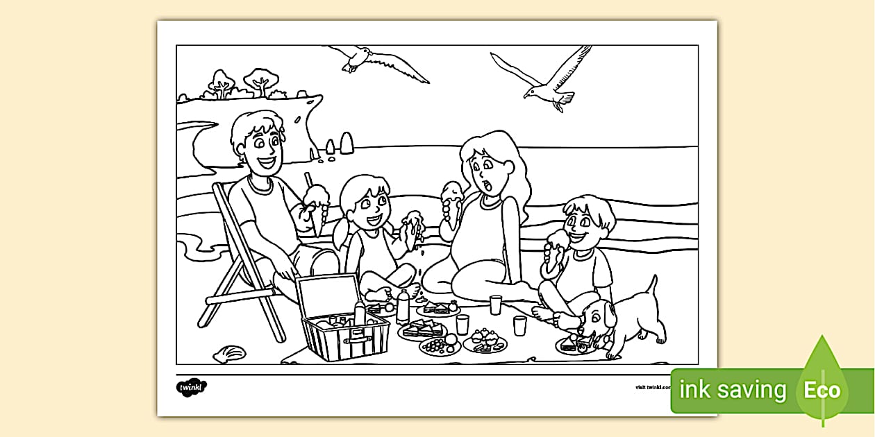 Beach Picnic Colouring Page (teacher made) - Twinkl