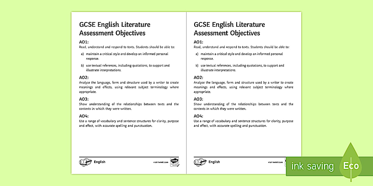 Editable GCSE English Literature Assessment Objectives Cards