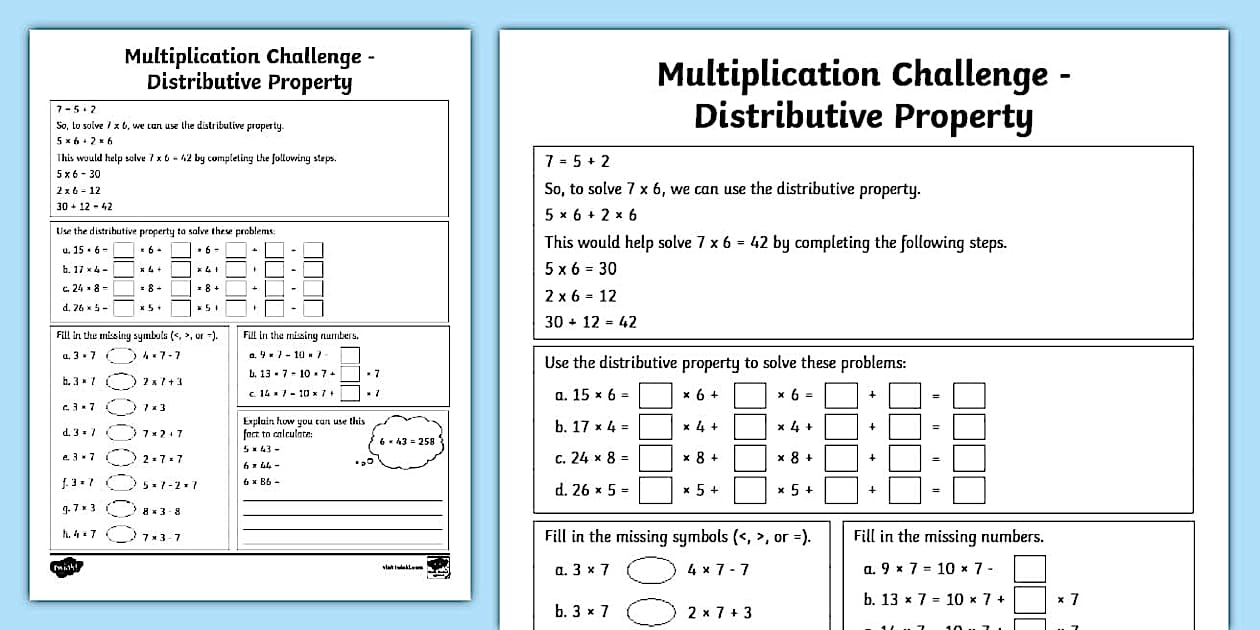 Third Grade Distributive Property Challenge Worksheet