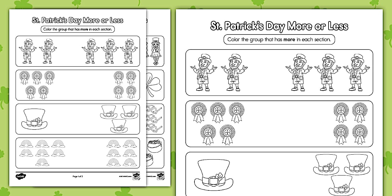 Kindergarten St. Patrick's Day More or Less Coloring Worksheet