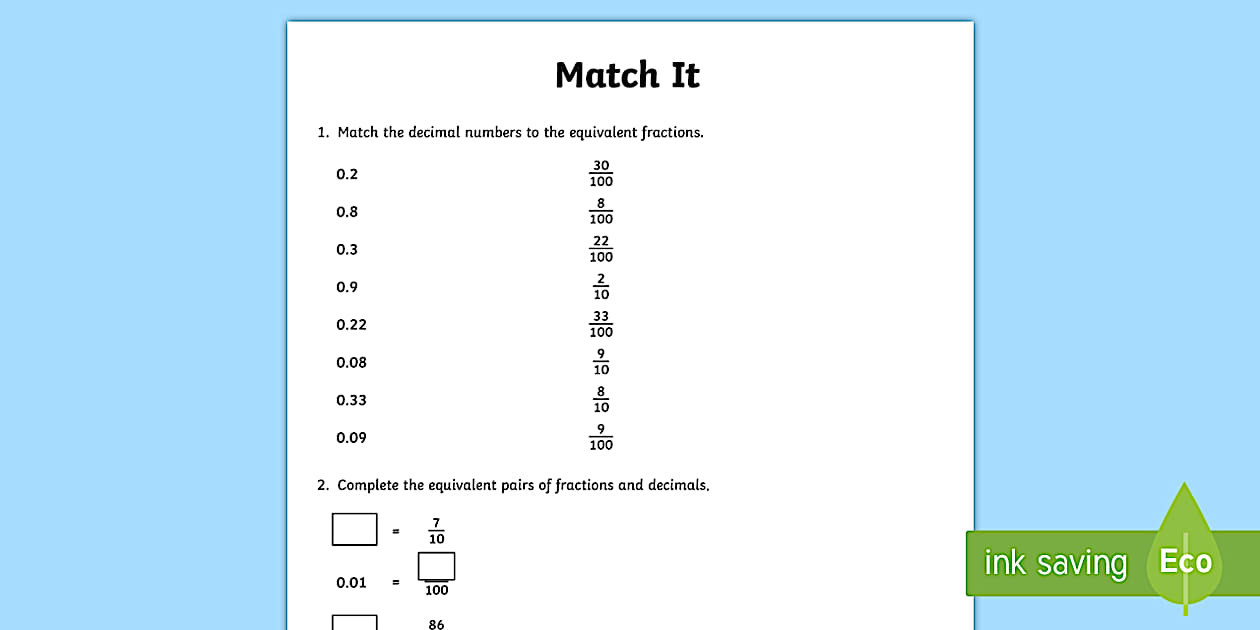 Decimal Equivalent for Tenths and Hundredths Worksheet / Worksheet