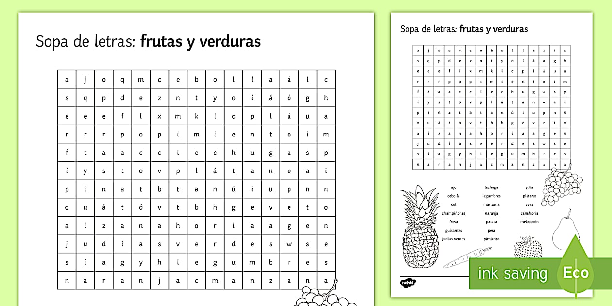 Editable Fruit and Vegetables Word Search Spanish - Twinkl
