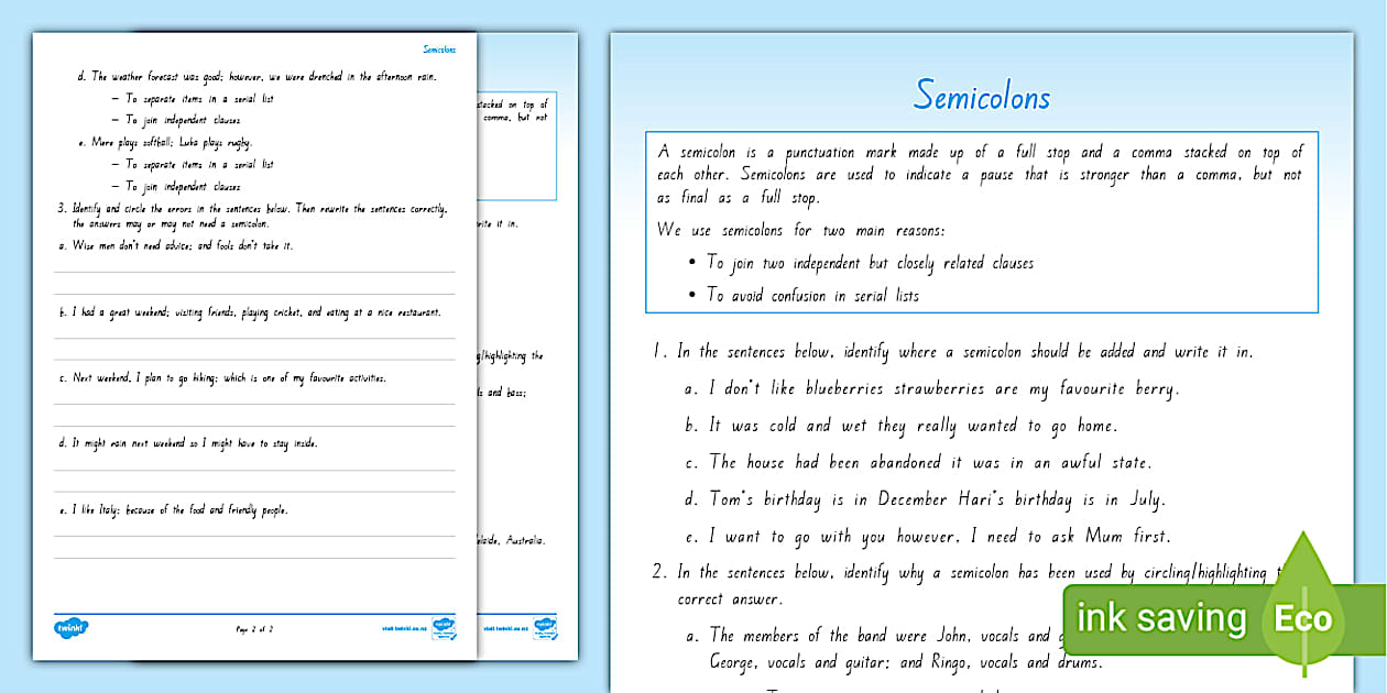 Level 3 Writing: Semicolons Worksheet (teacher made)