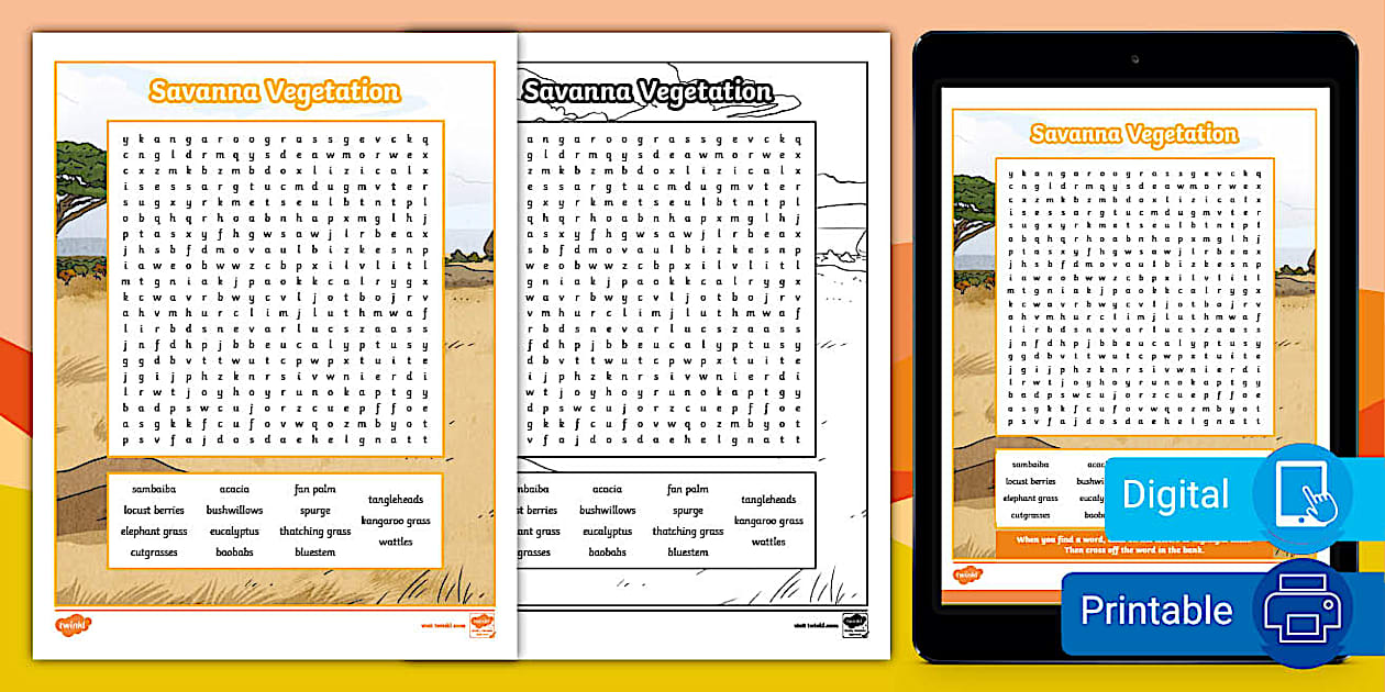 Savanna Vegetation Word Search for 6th-8th Grade - Twinkl