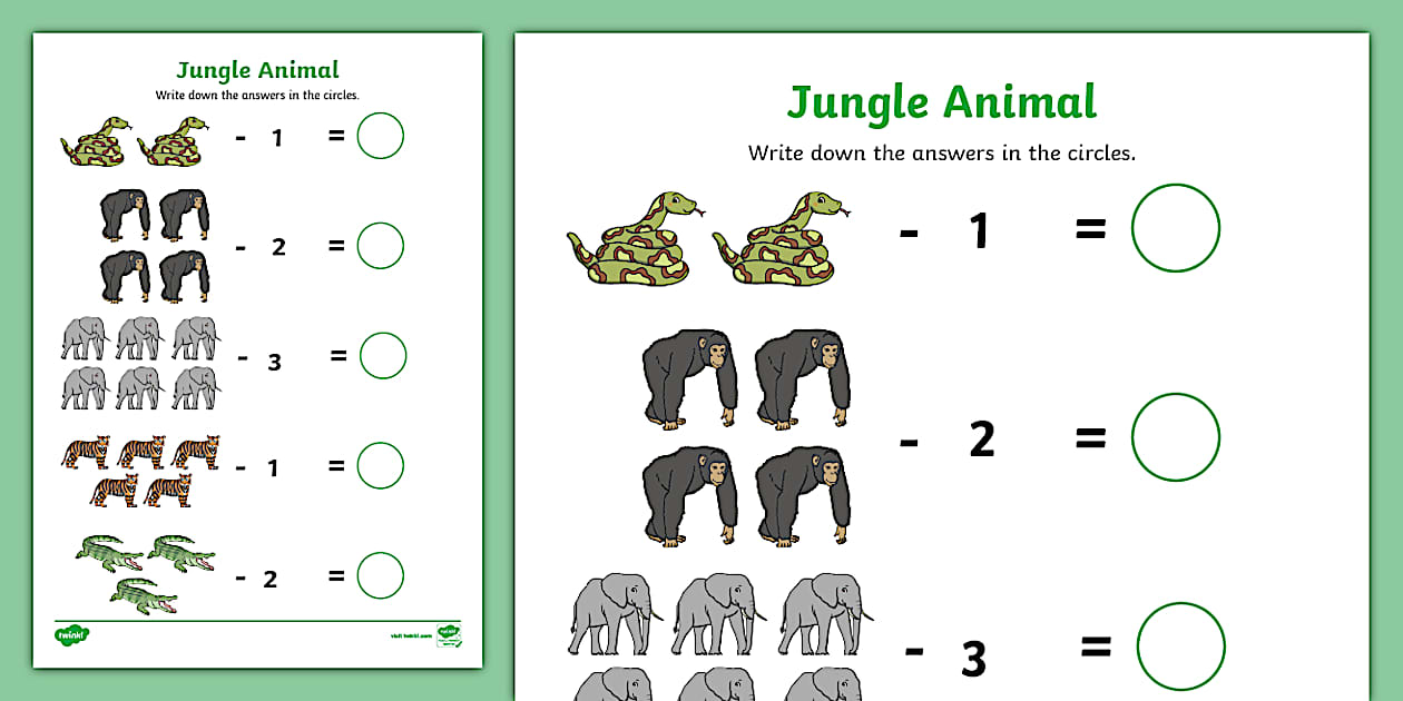 Jungle Animal Subtraction Worksheet - Twinkl