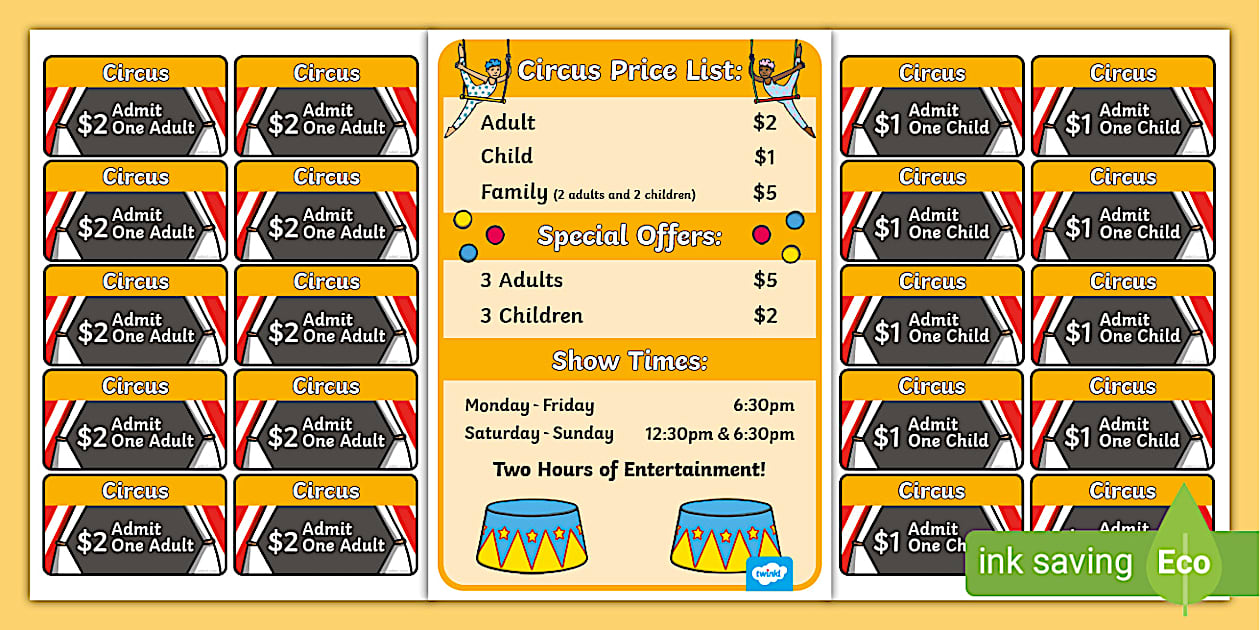 Circus Role Play Tickets and Ticket Price List | EYLF & F-2