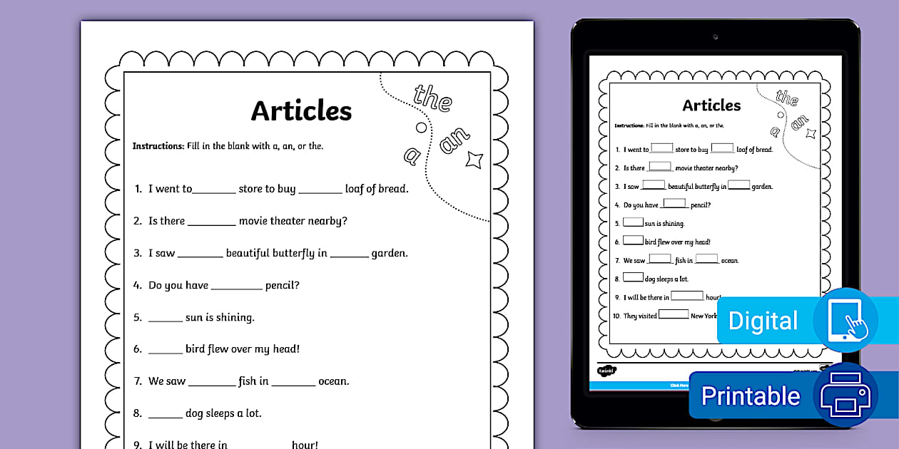 Using English Articles a, an, and the Worksheet for ELL