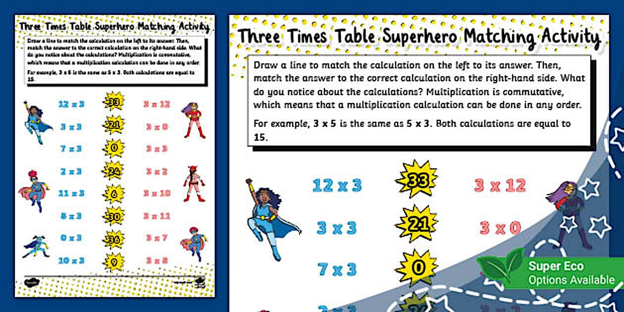 👉 Three Times Table Superhero Matching Activity - Twinkl
