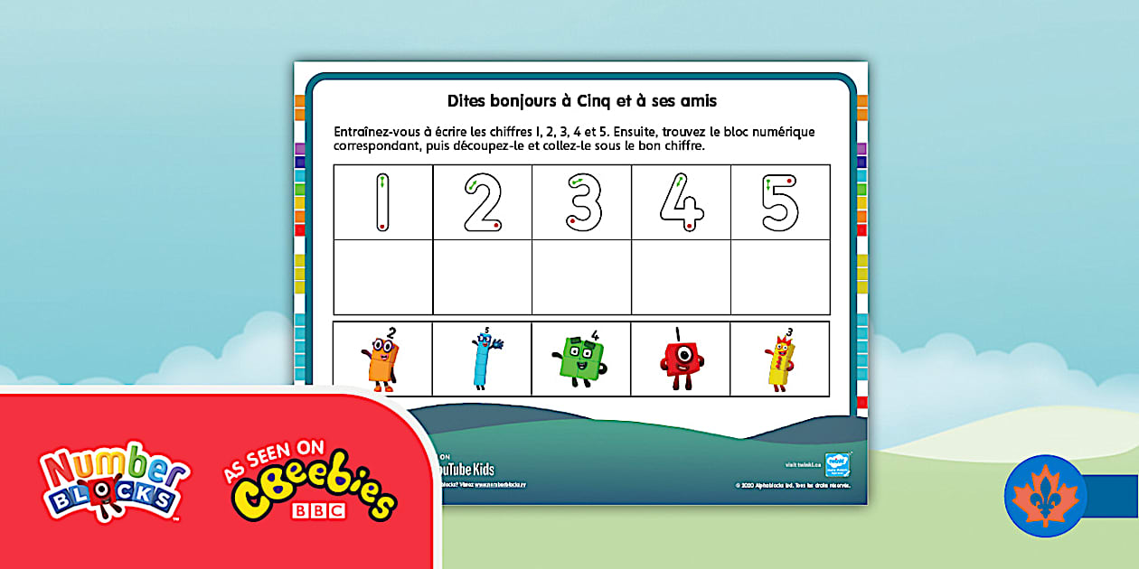 Numberblocks: 1-5 Trace, Cut, and Stick Worksheet French