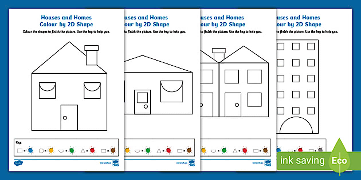 Editable Preschool Houses and Homes Colour by 2D Shape Activity