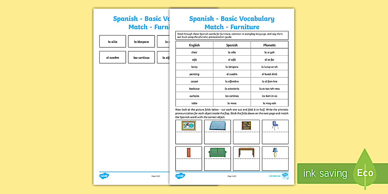 Spanish Basic Vocabulary Match Furniture - Twinkl