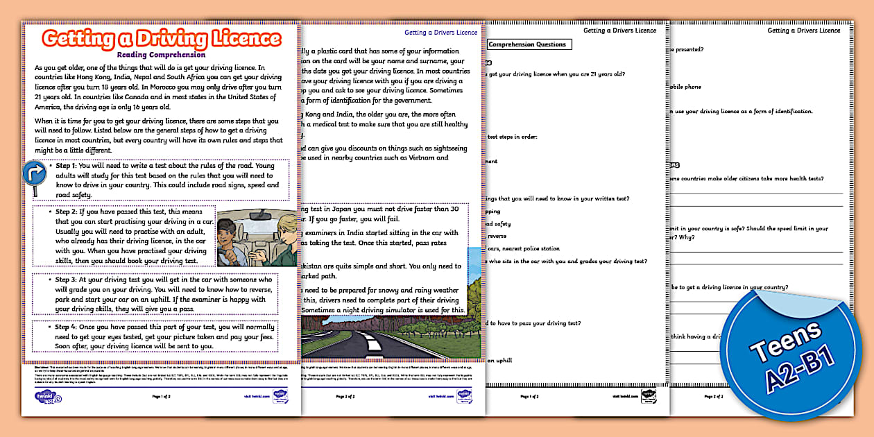 ESL Getting a Driving Licence Reading Comprehension [Teens, A2-B1]