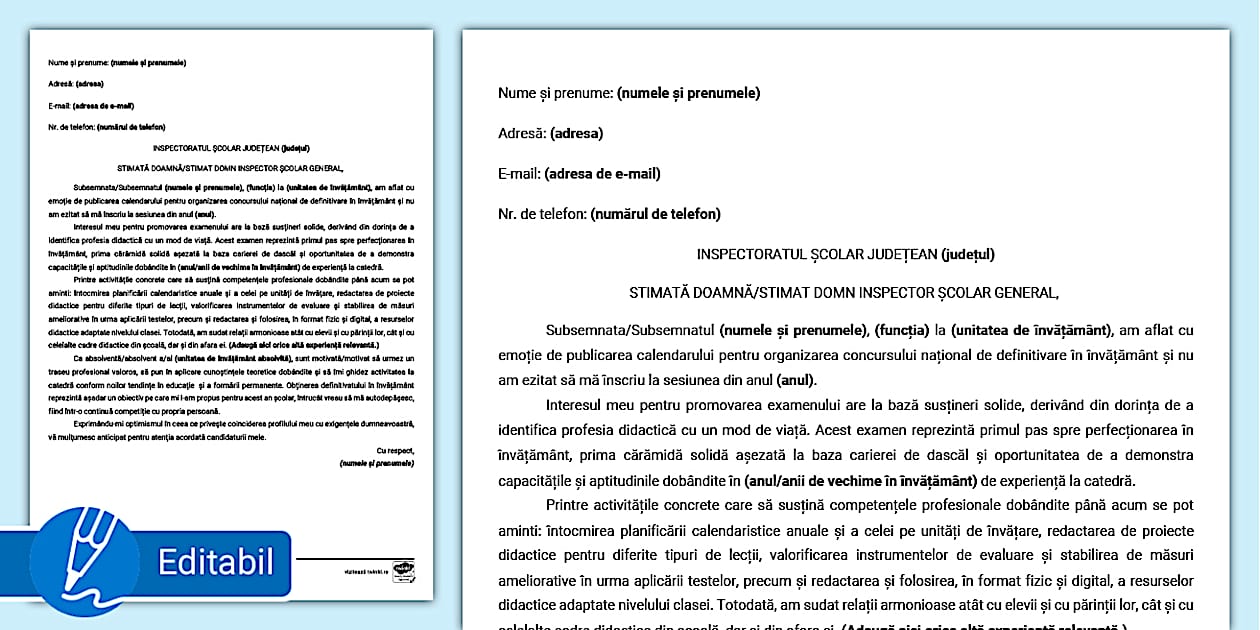 Scrisoare de intenție pentru definitivat – Model - Twinkl