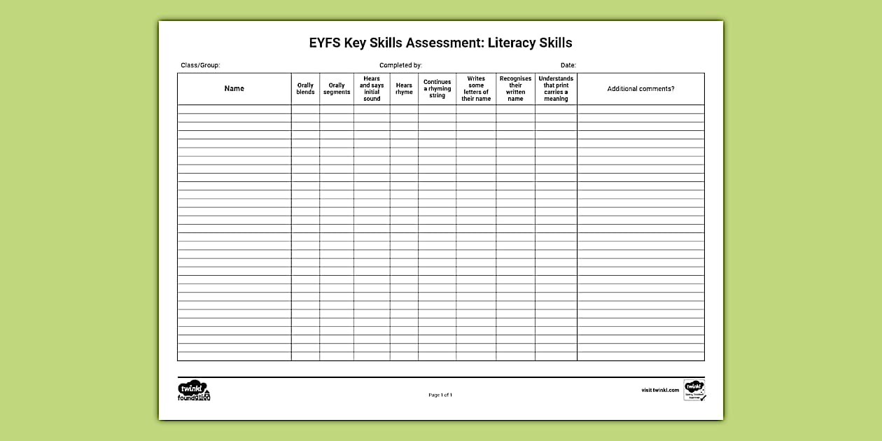 EYFS Key Skills Assessment Literacy Skills (teacher made)