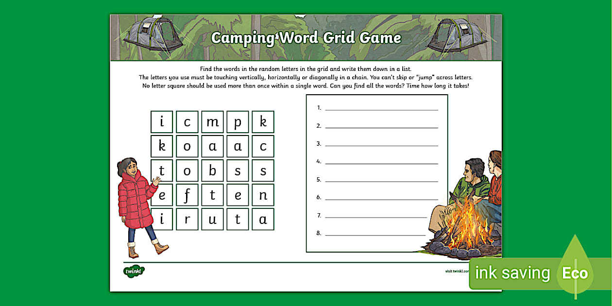 Camping Word Grid Game (teacher made) - Twinkl