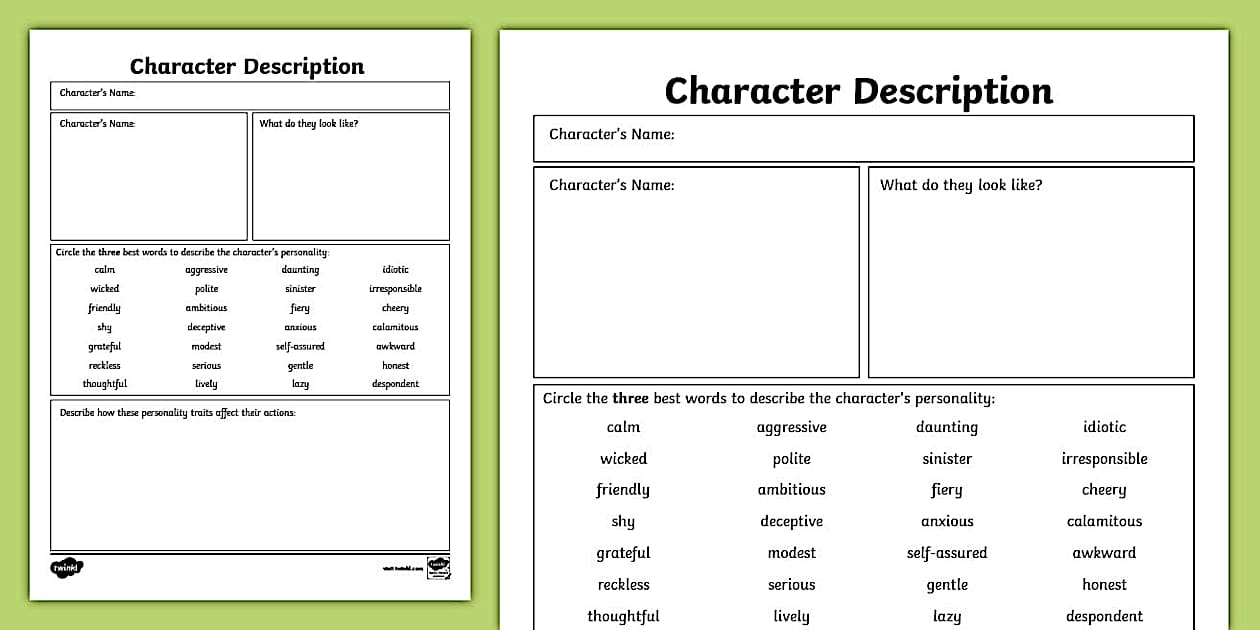 Character Description Worksheet for 6th-8th Grade - Twinkl