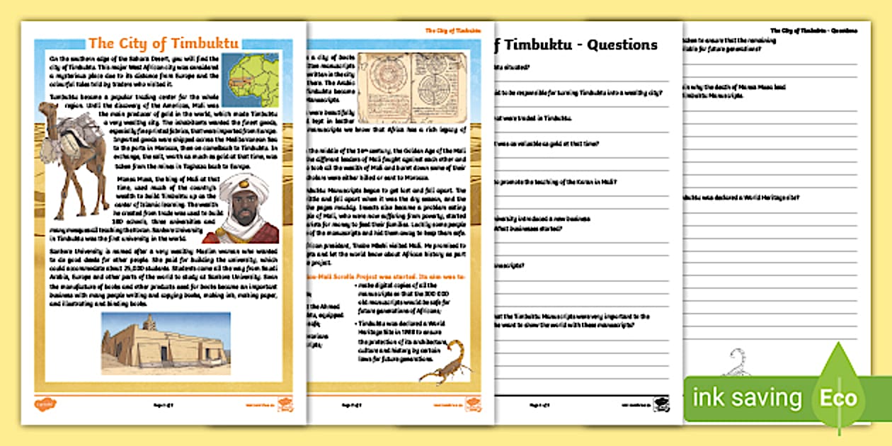 Editable The City of Timbuktu Comprehension (teacher made)