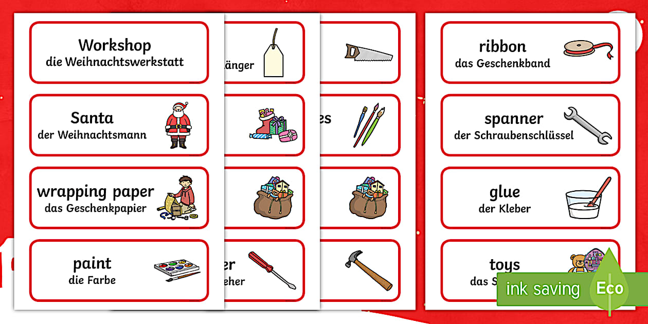 Santa's Workshop Role Play Word Cards English/German