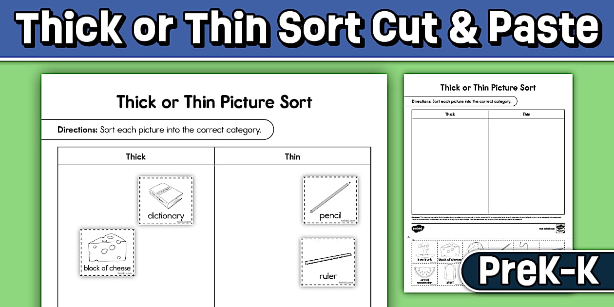 Thick or Thin Picture Sort Cut & Paste Worksheet for PreK-K