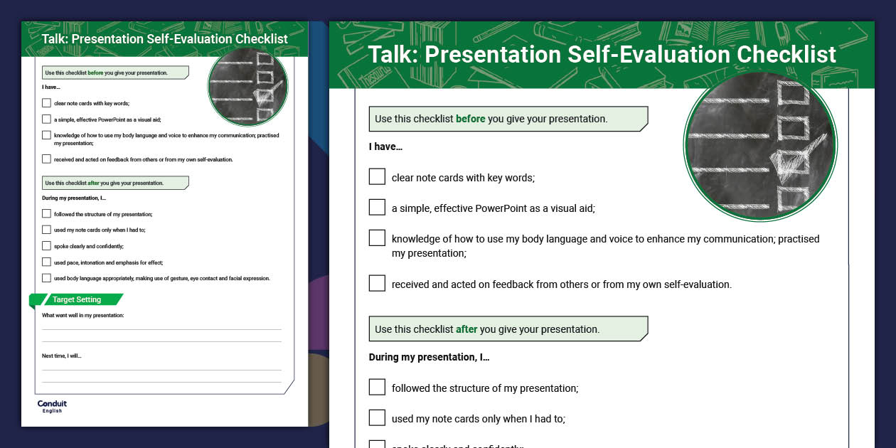 Talk: Presentation Self-Evaluation Checklist (teacher made)