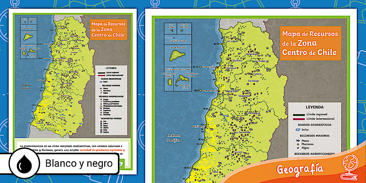 Póster | Mapa Recursos Zona Centro de Chile | Geografía