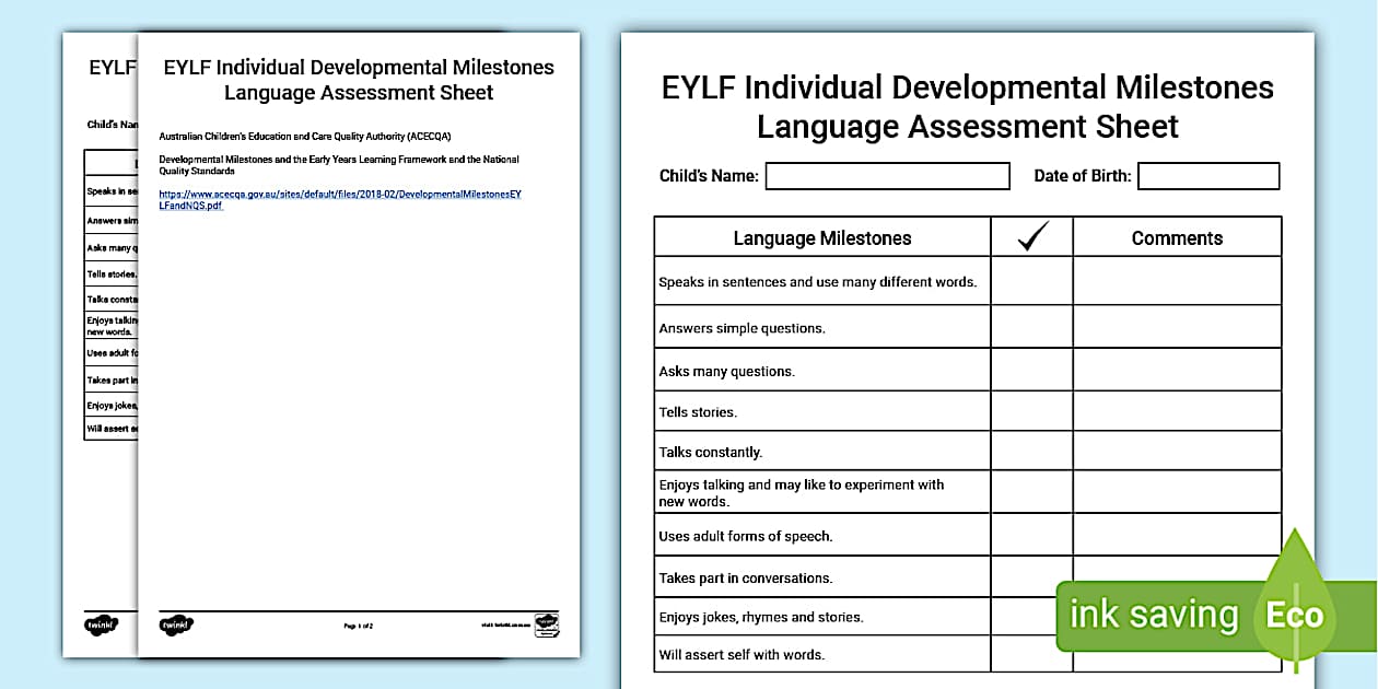 EYLF Individual Developmental Milestones Language Assessment Sheet