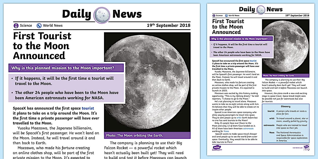 UKS2 First Tourist to the Moon Daily News Story