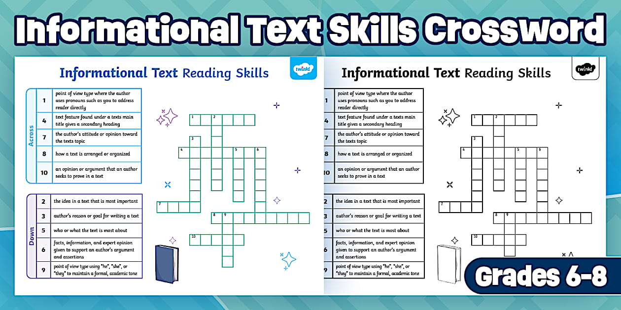 Informational Text Reading Skills Crossword Puzzle 6th-8th