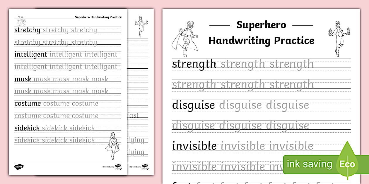 Superhero Handwriting Practice Worksheet, Superhero Writing