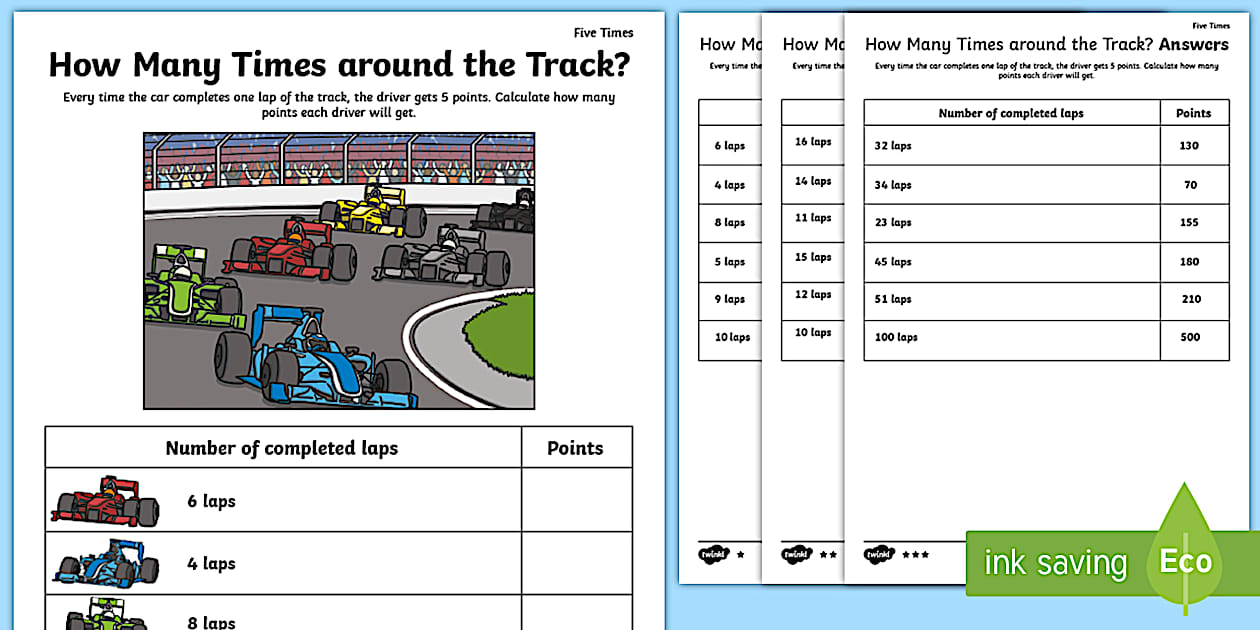 Black and White How Many Times around the Track 5 Times Table Worksheet