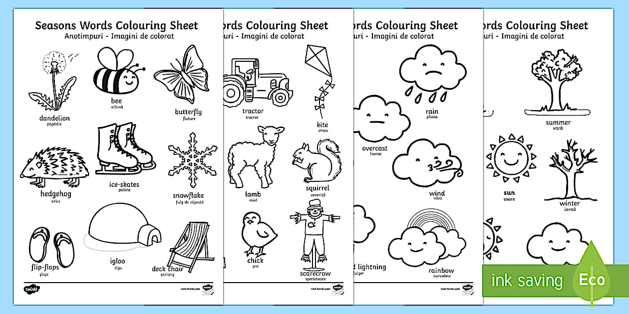 Season Words Colouring Sheets English/Romanian - Season Words Colouring ...