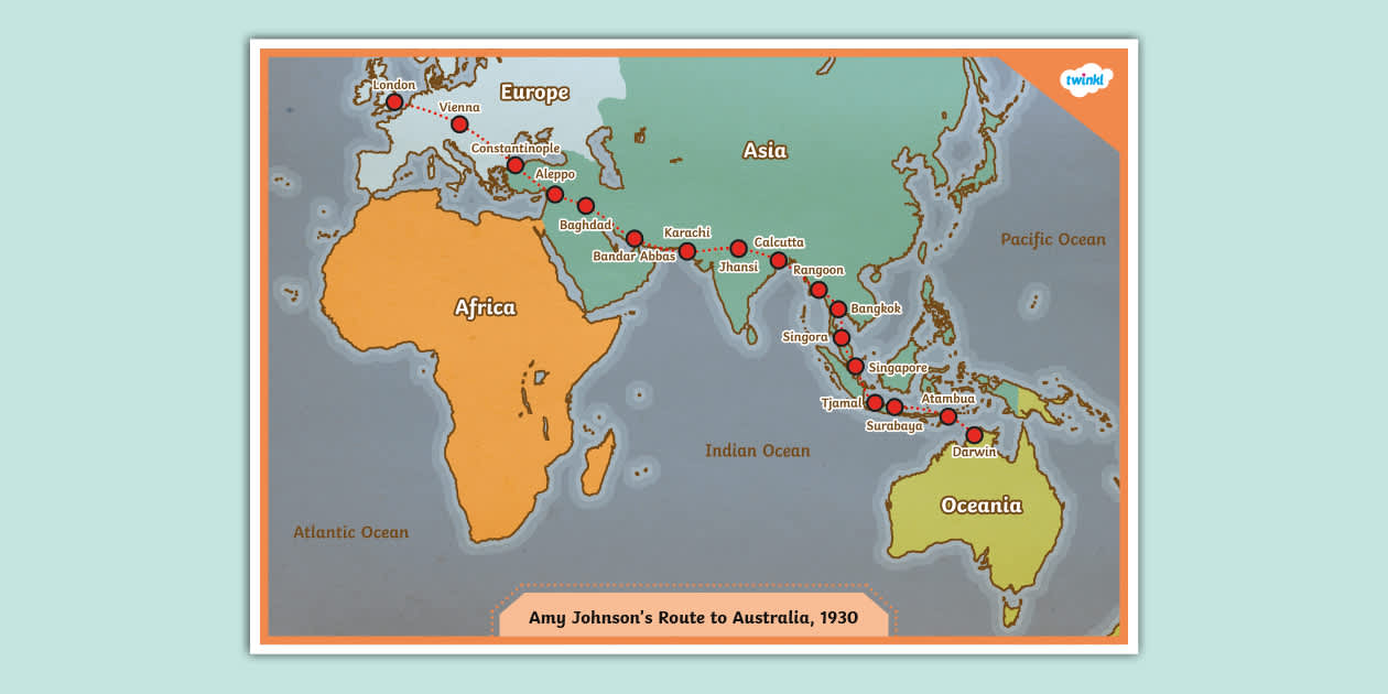 Amy Johnson Route to Australia Map - Twinkl - KS1 - Twinkl