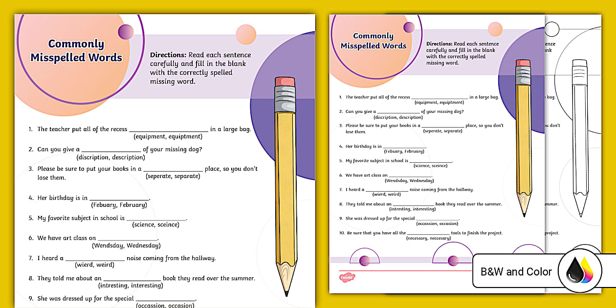 Commonly Misspelled Words Worksheet for 3rd-5th Grade