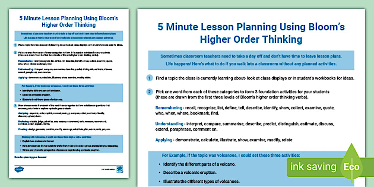 5 Minute Lesson Plan Using Bloom’s Higher Order Thinking
