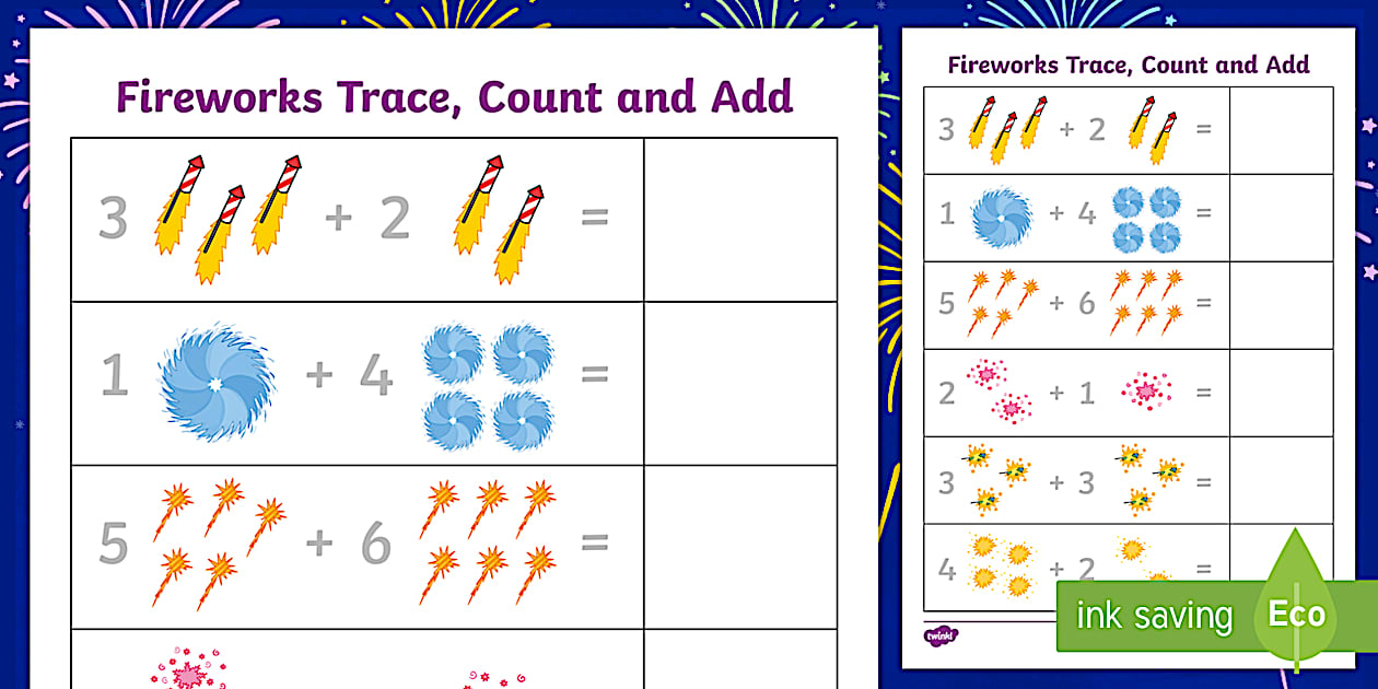 Firework Trace Count And Add Worksheet (teacher made)