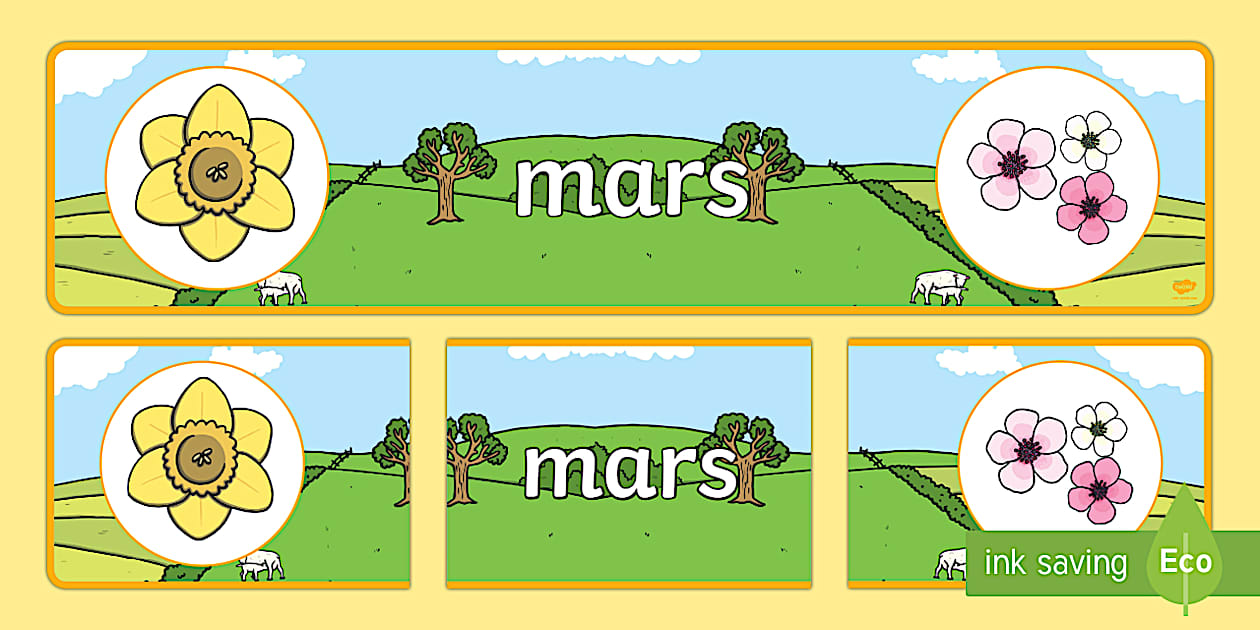 Cursive Banderole d'affichage: Mars - Les mois de l'année