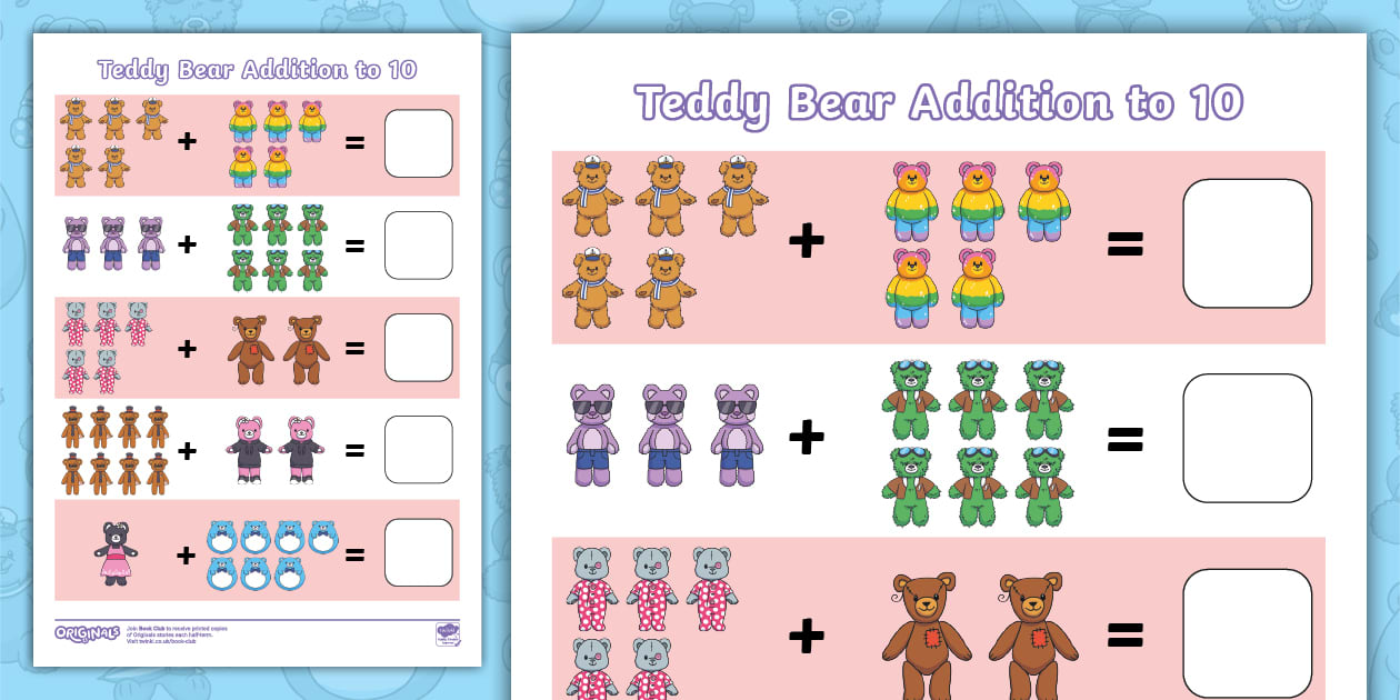 👉 Teddy Bear Addition to 10 Worksheet (teacher made)