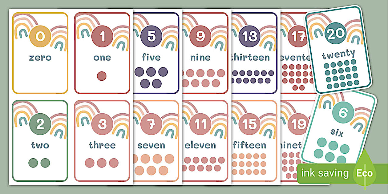 Editable Muted Rainbow Numbers and Words Flashcards 0-20